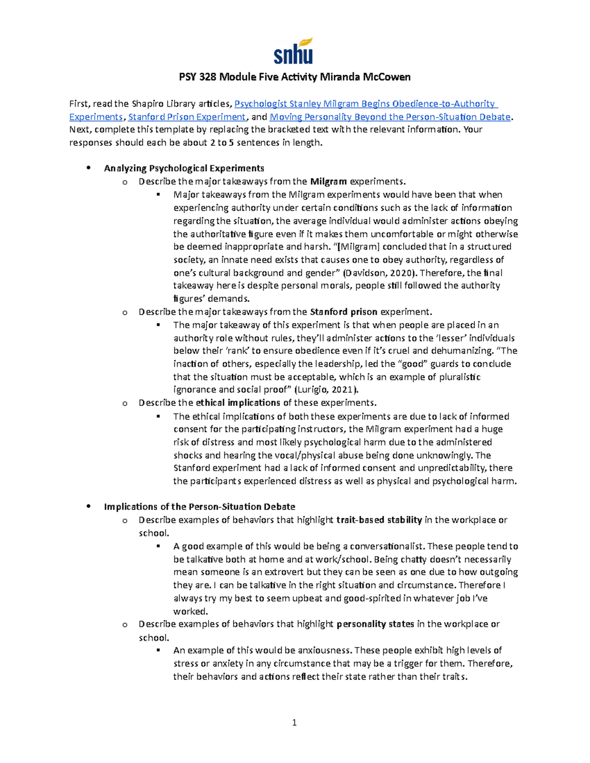 PSY 328 Module Five Activity - Next, complete this template by replacing the bracketed text with ...