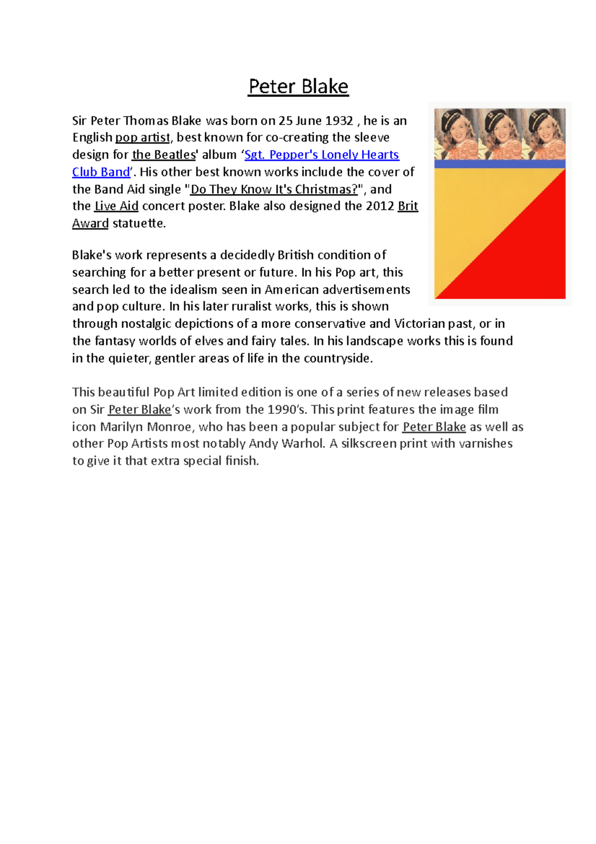 Peter Blake - Peter Blake Sir Peter Thomas Blake was born on 25 June ...