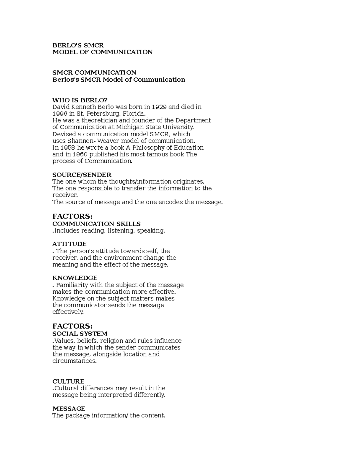 Berlos 223 - reviewer - BERLO'S SMCR MODEL OF COMMUNICATION SMCR ...