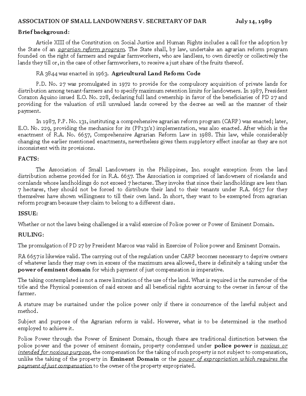 Association of small landowners vs. DAR - ASSOCIATION OF SMALL ...