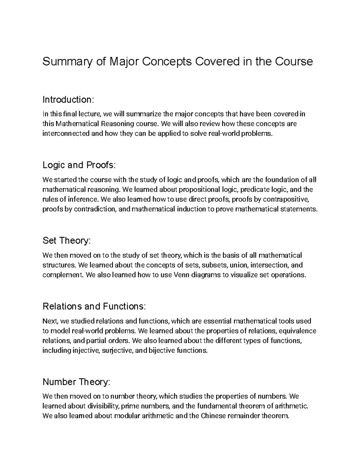 Foundations Of Mathematical Reasoning Mat 0092 Lecture 37 Summary Of Major Concepts Covered