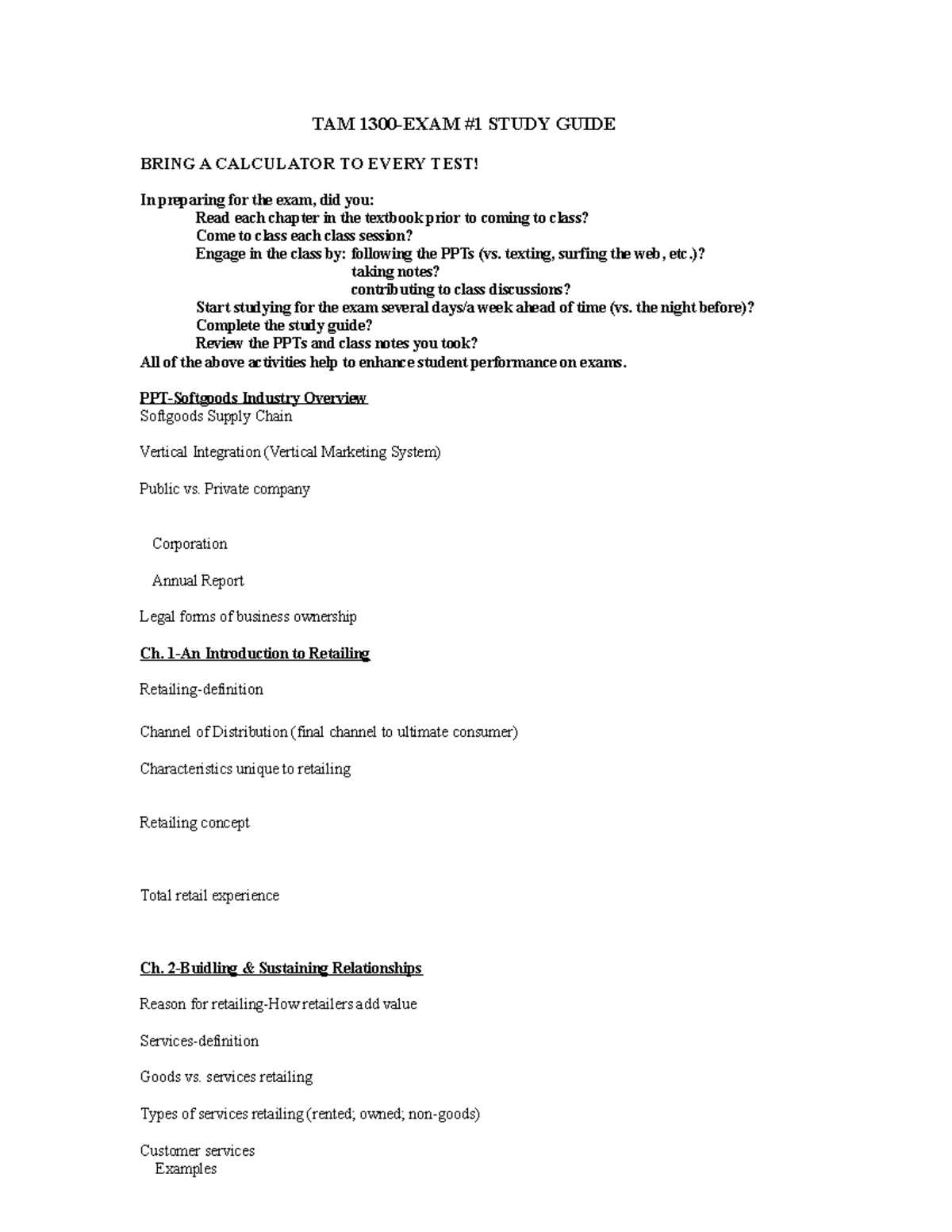 1300 Study Guide #1-2 - TAM 1300-EXAM #1 STUDY GUIDE BRING A CALCULATOR ...