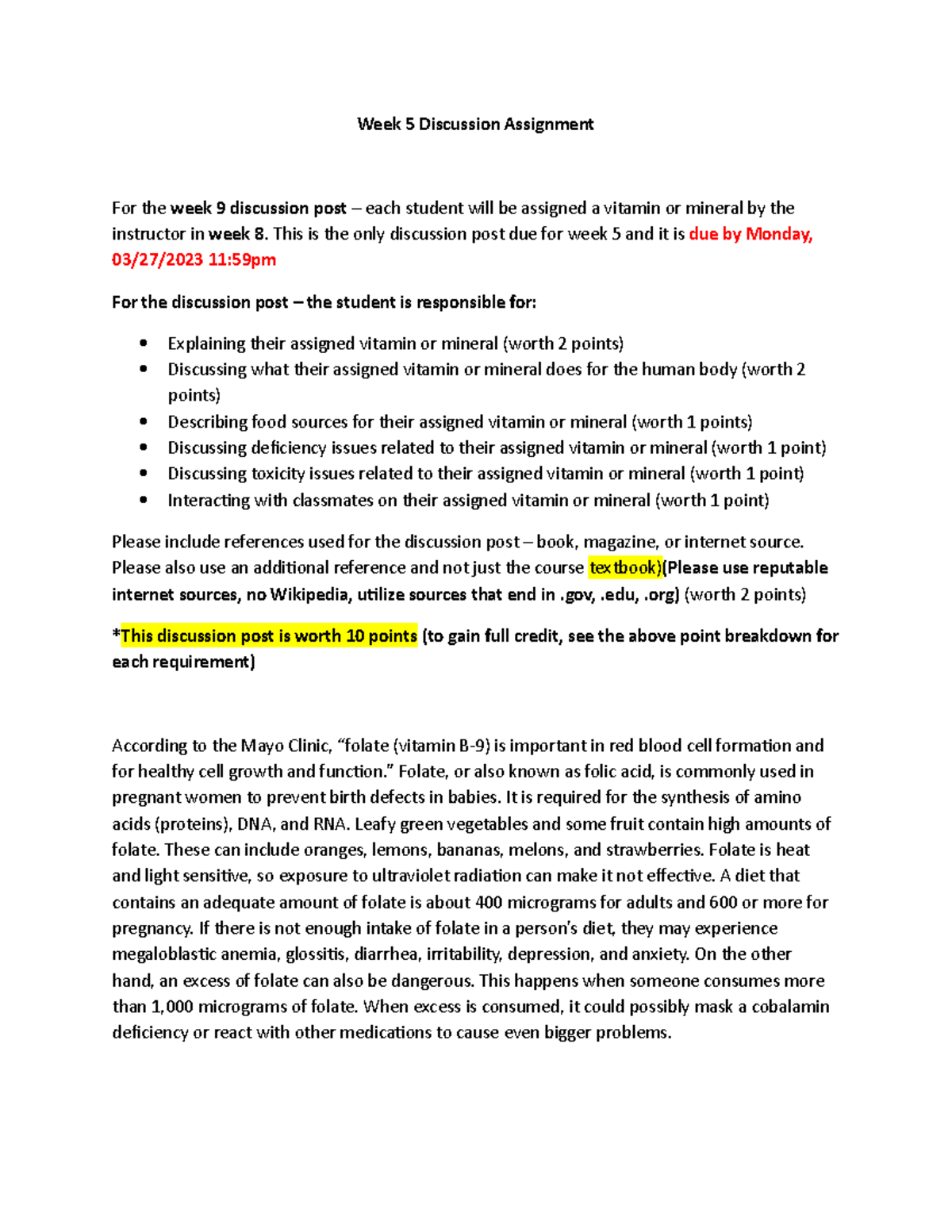 Vitamin and Mineral Assignment - Week 5 Discussion Assignment For the ...