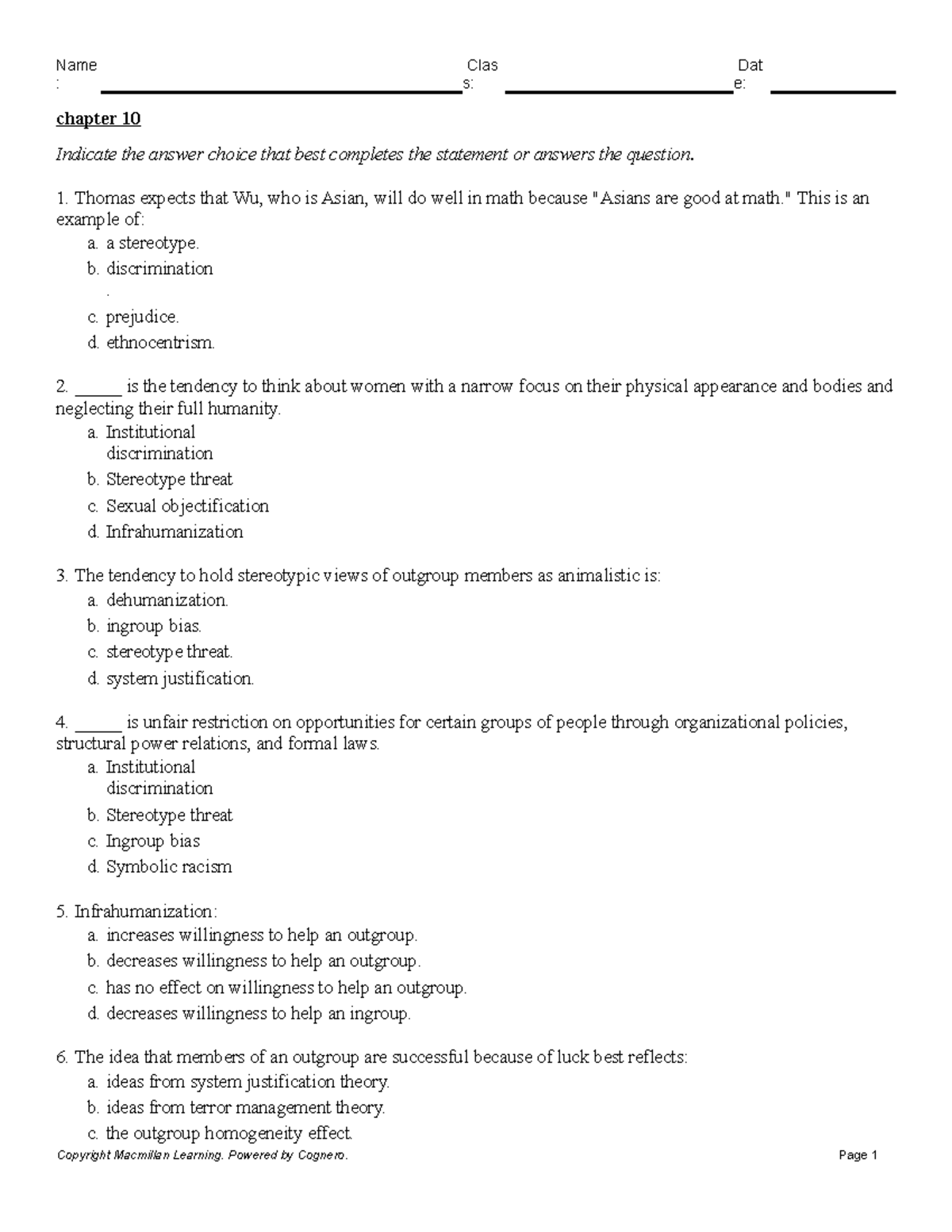 Chapter 10 - practice - : s: e: chapter 10 Indicate the answer choice ...