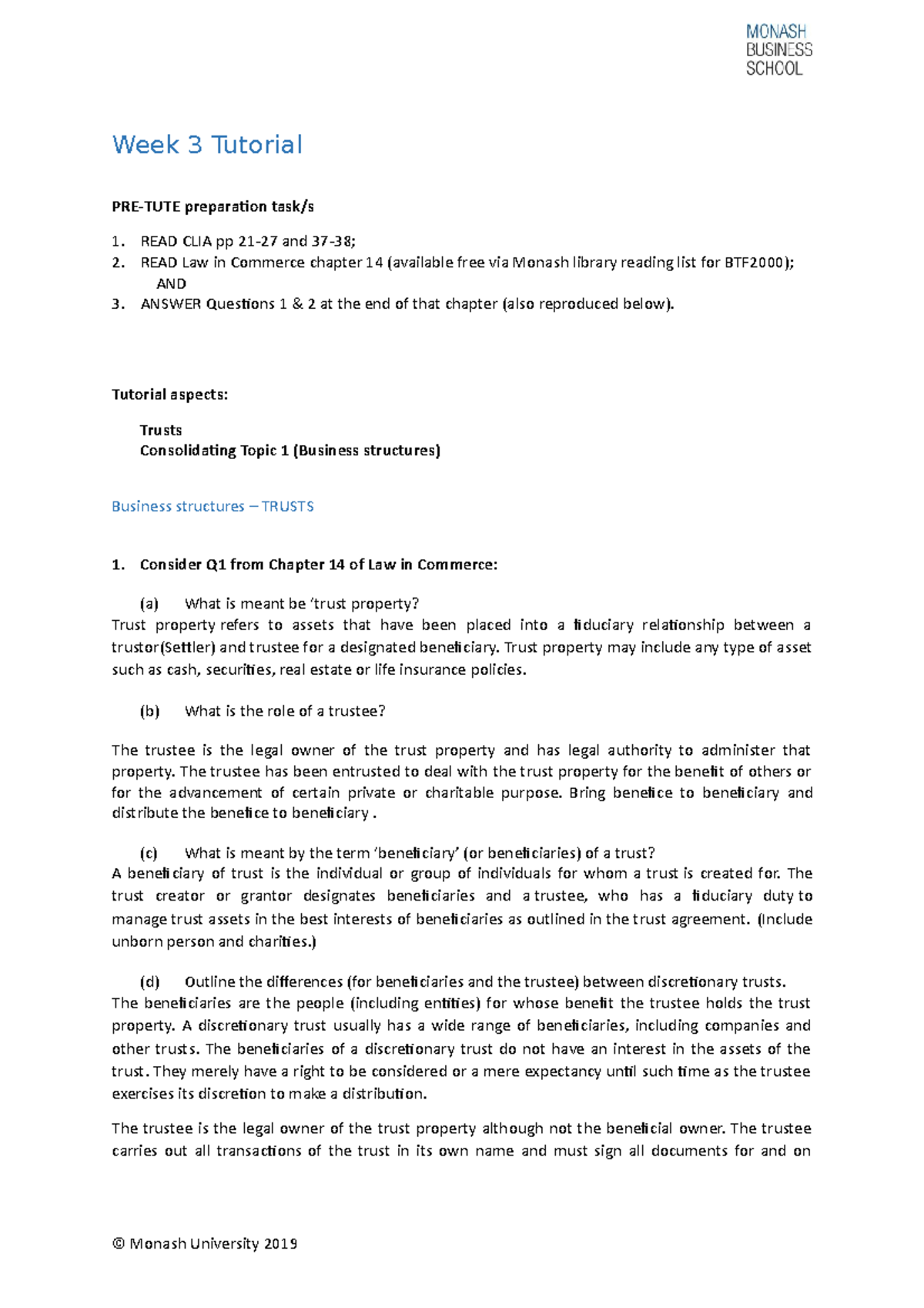 2019 1 1B - Week 3 Tutorial - Week 3 Tutorial PRE-TUTE preparation task ...