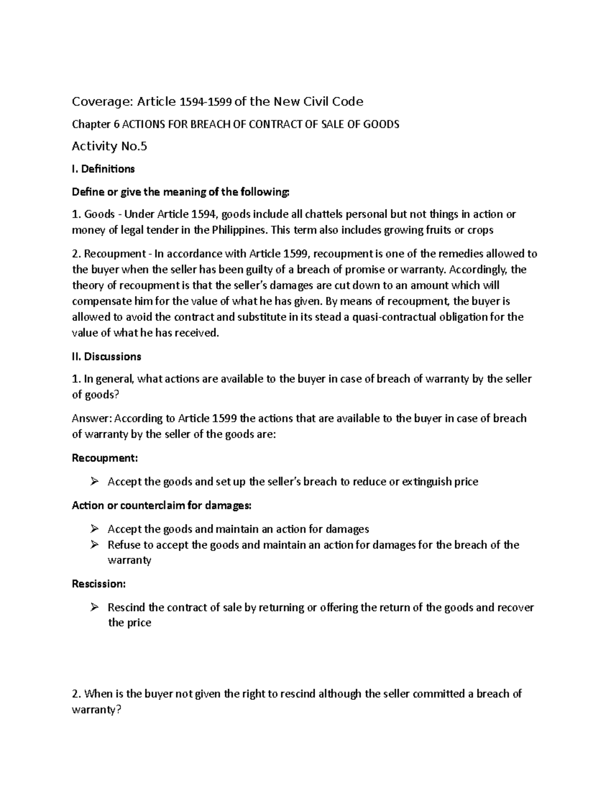 AE34 activity #05 - Lecture notes 5 - Coverage: Article 1594-1599 of ...
