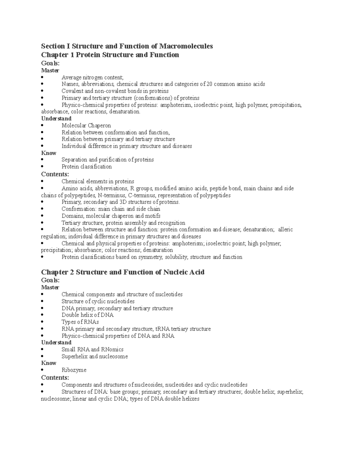 Biochemistry content descriptions 1 - Section I Structure and Function ...