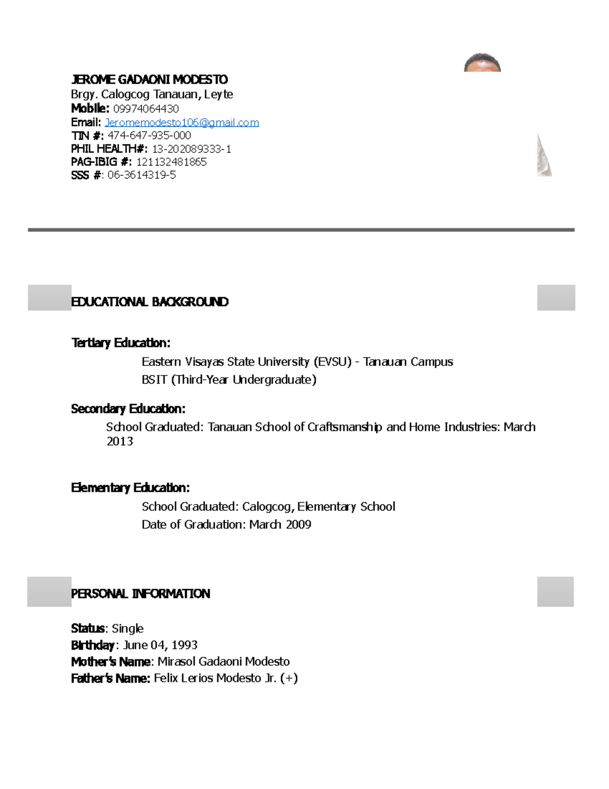 Resume-Jerome - this will help - JEROME GADAONI MODESTO Brgy. Calogcog ...