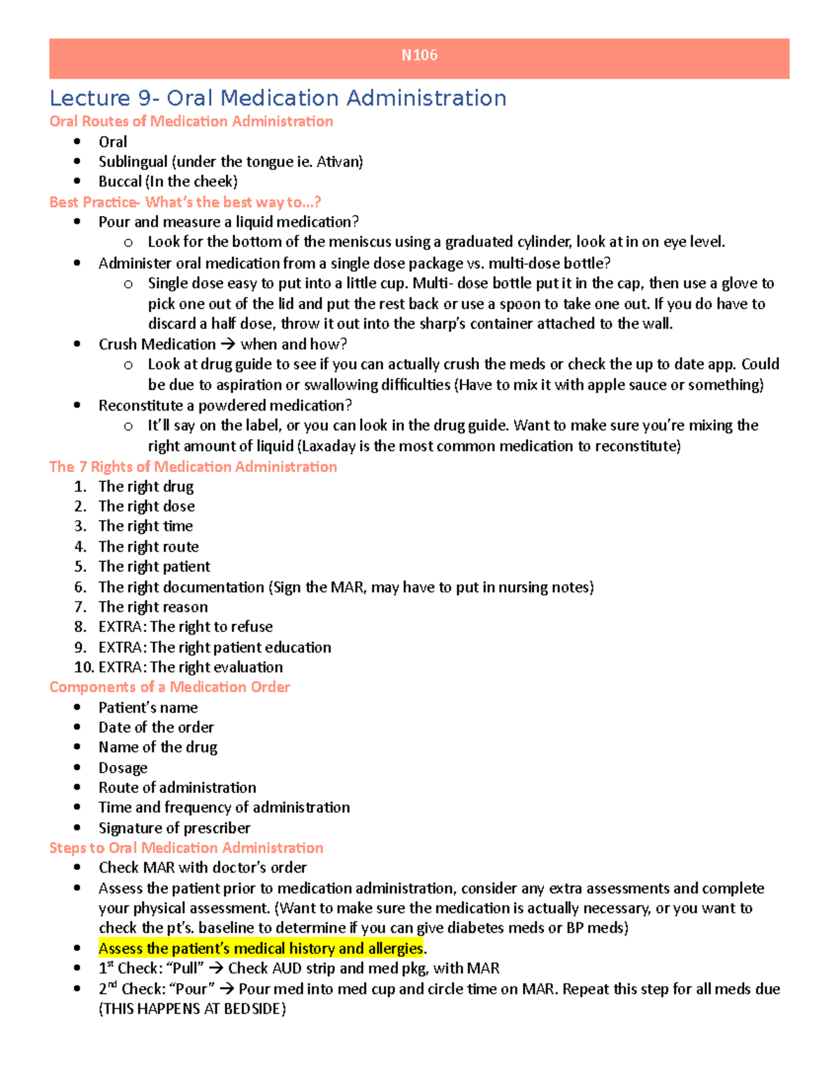 L9- Oral Medications - Lecture notes 9 - N106 Lecture 9- Oral ...