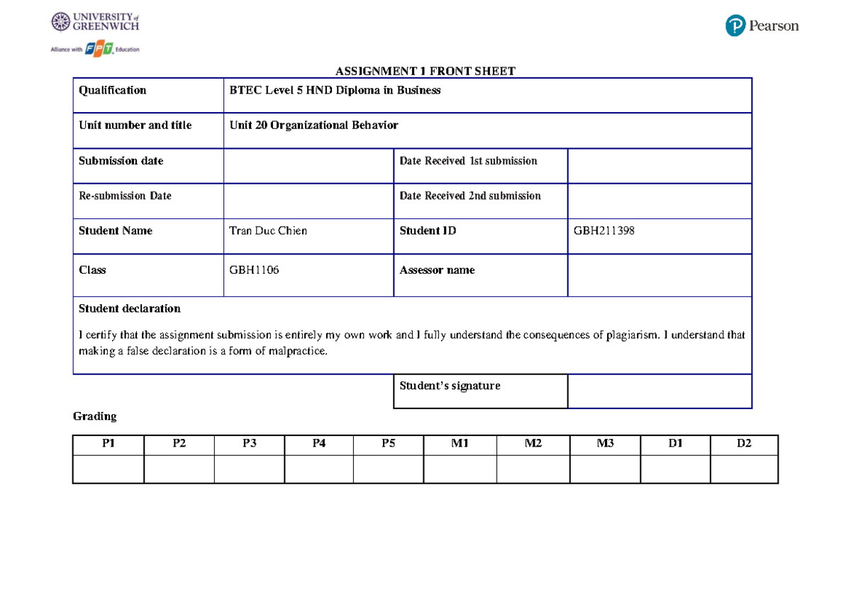 Tdc 5064 pdf - nothing much - ASSIGNMENT 1 FRONT SHEET Qualification BTEC Level 5 HND Diploma in ...