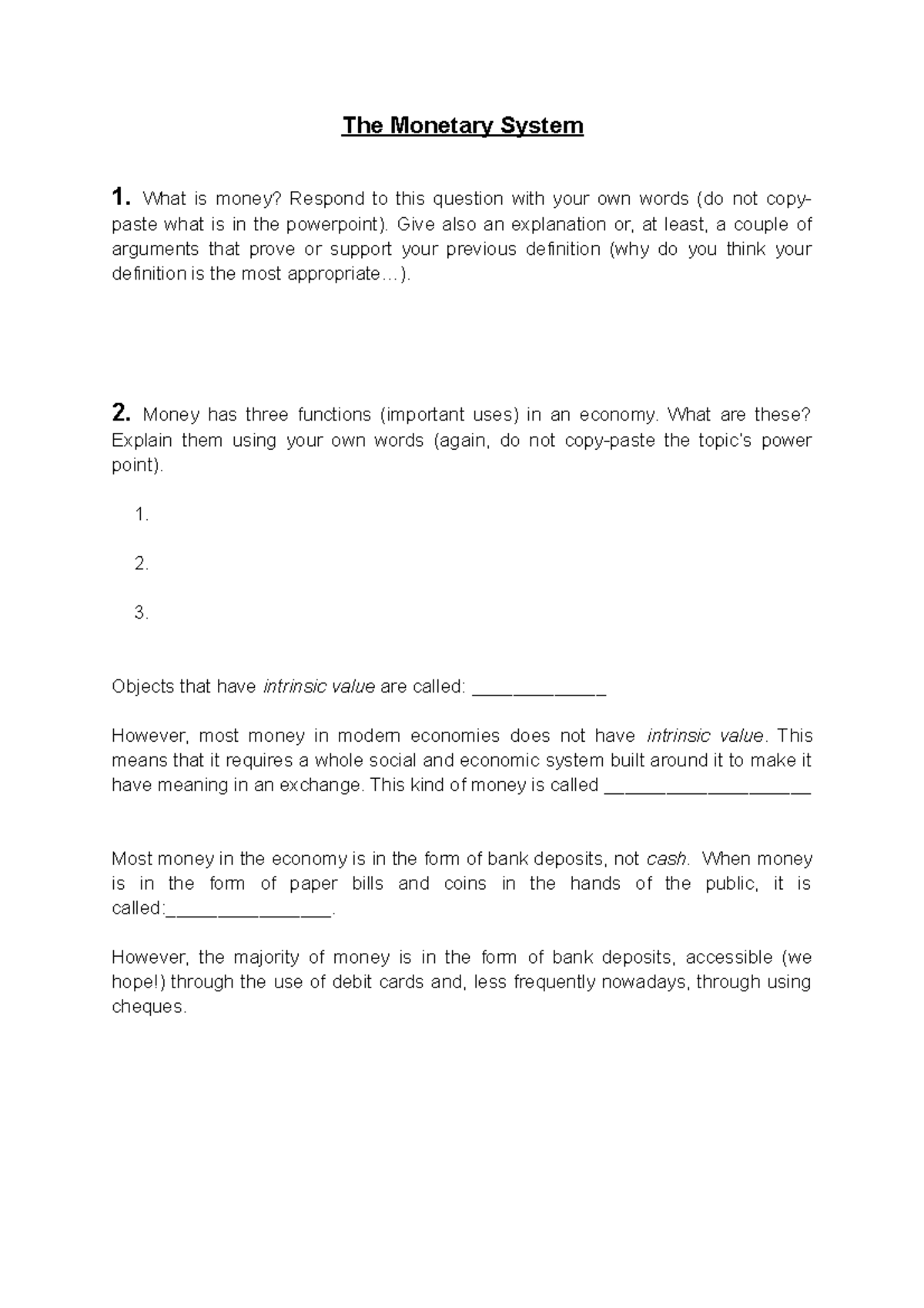 Class Exercises The Monetary System Worksheet - The Monetary System 1 ...