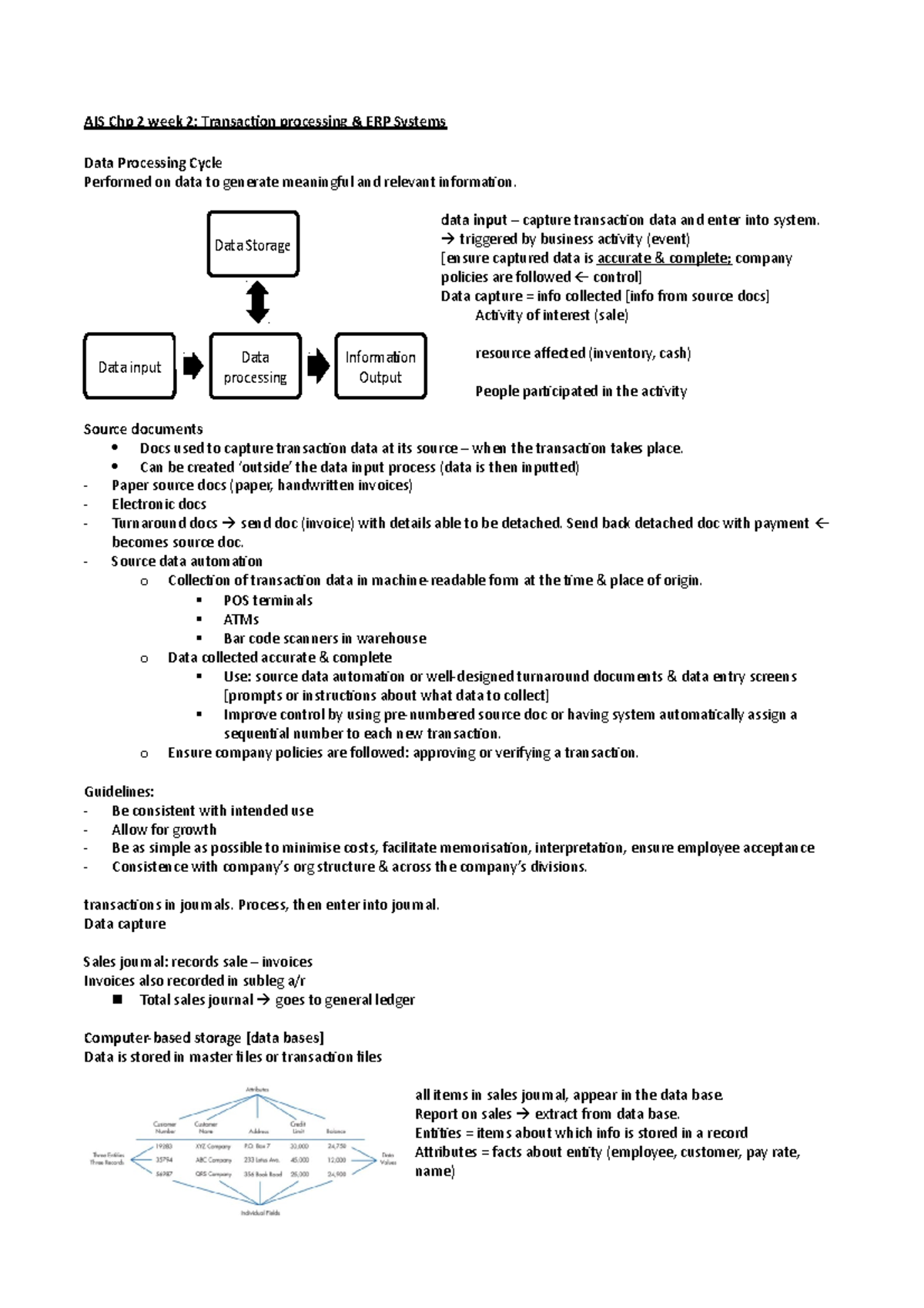 AIS Chp 2 week 2 - notes - AIS Chp 2 week 2: Transaction processing ERP ...