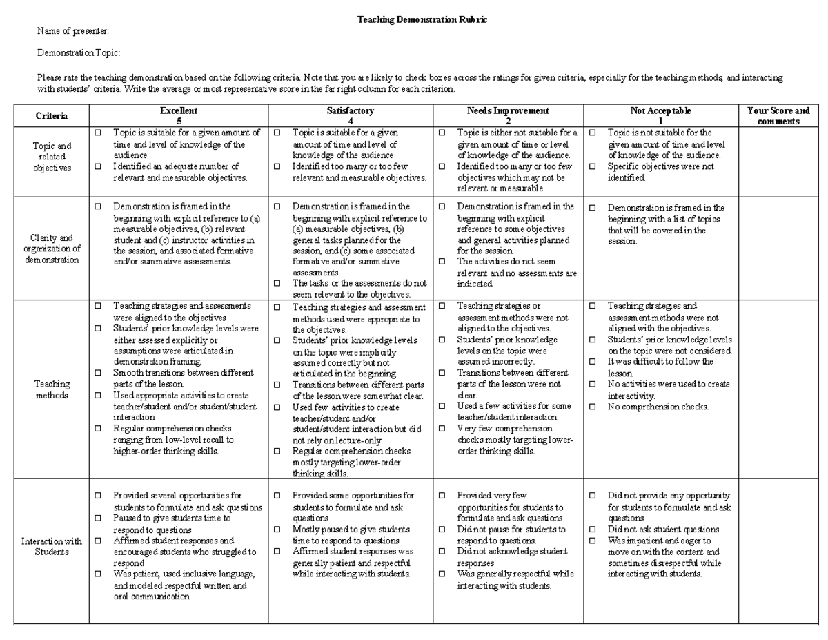 Teaching-Demonstration-Rubric - Teaching Demonstration Rubric Name of presenter: Demonstration ...