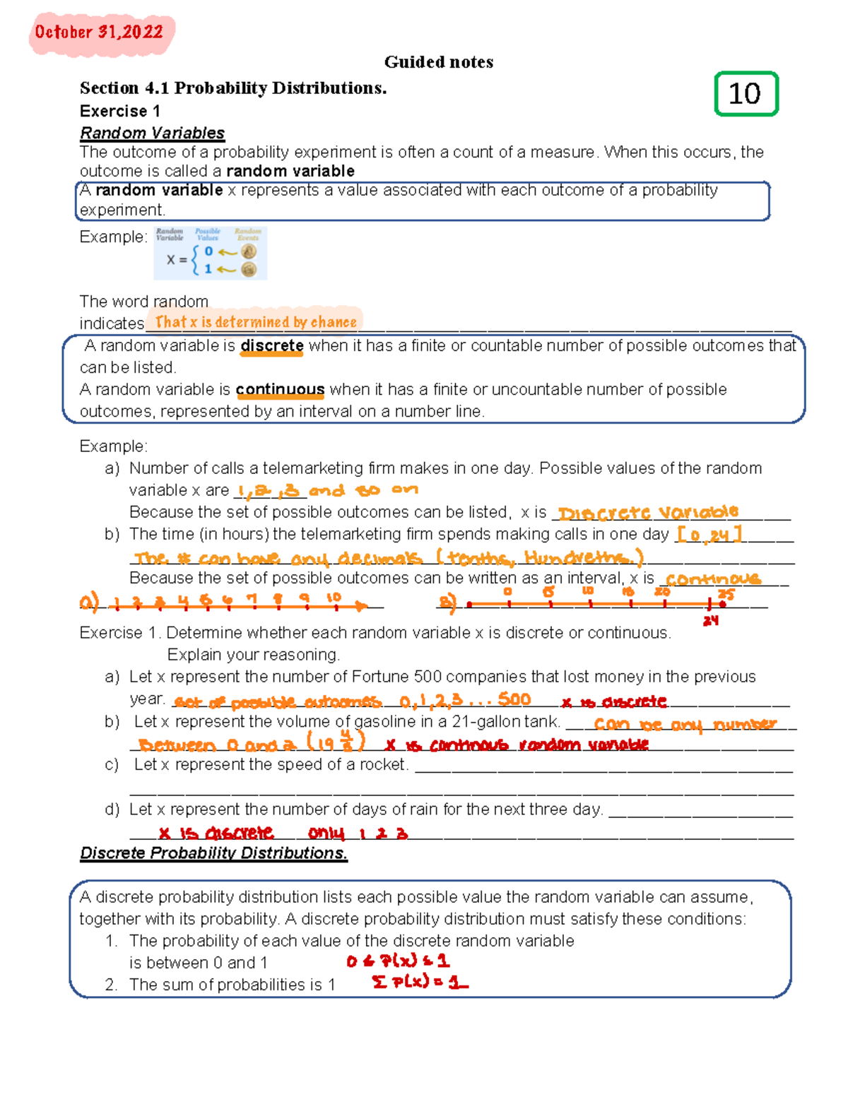 Lesson 10 (Exam 2) - Guided notes Section 4 Probability Distributions ...