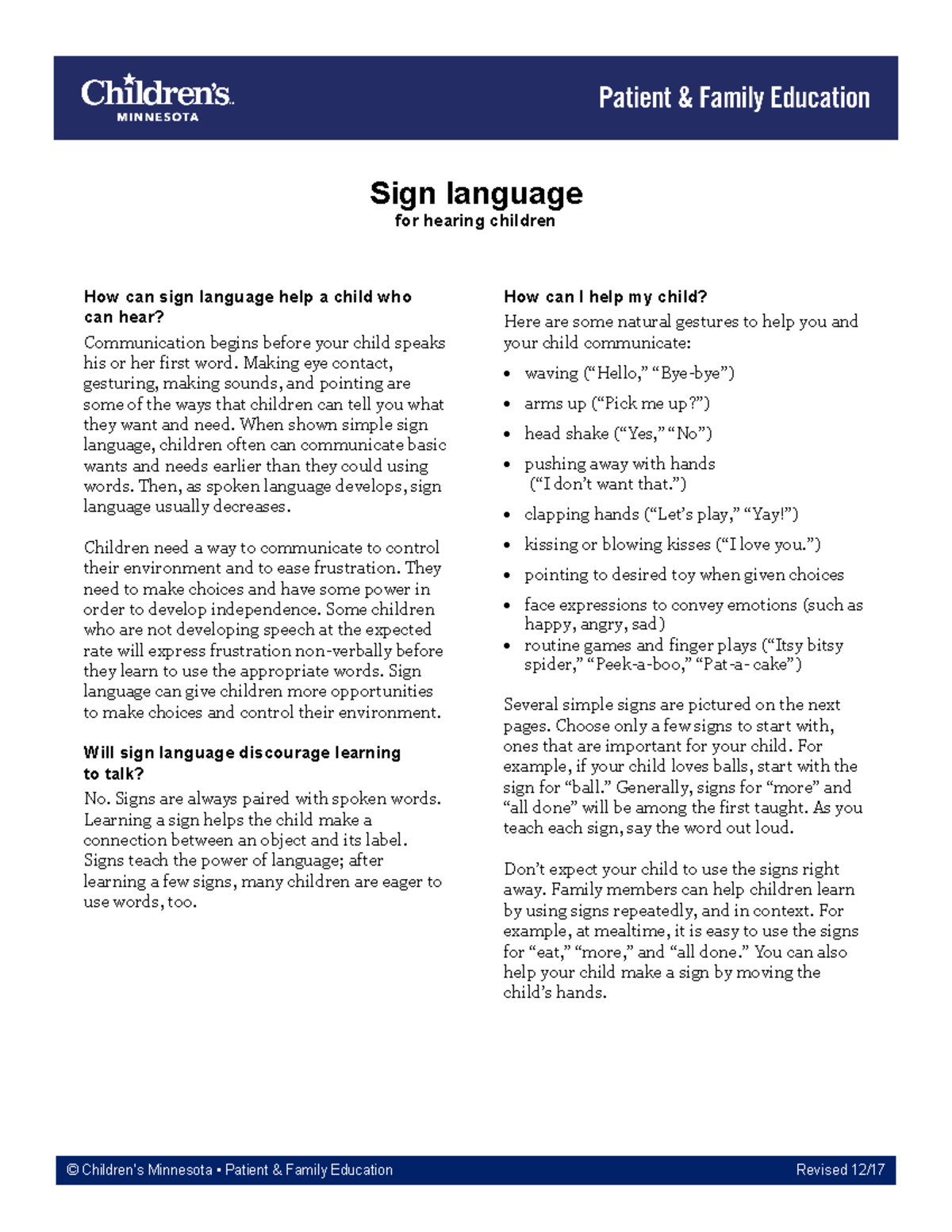 Sign language for hearing children - © Children’s Minnesota • Patient ...