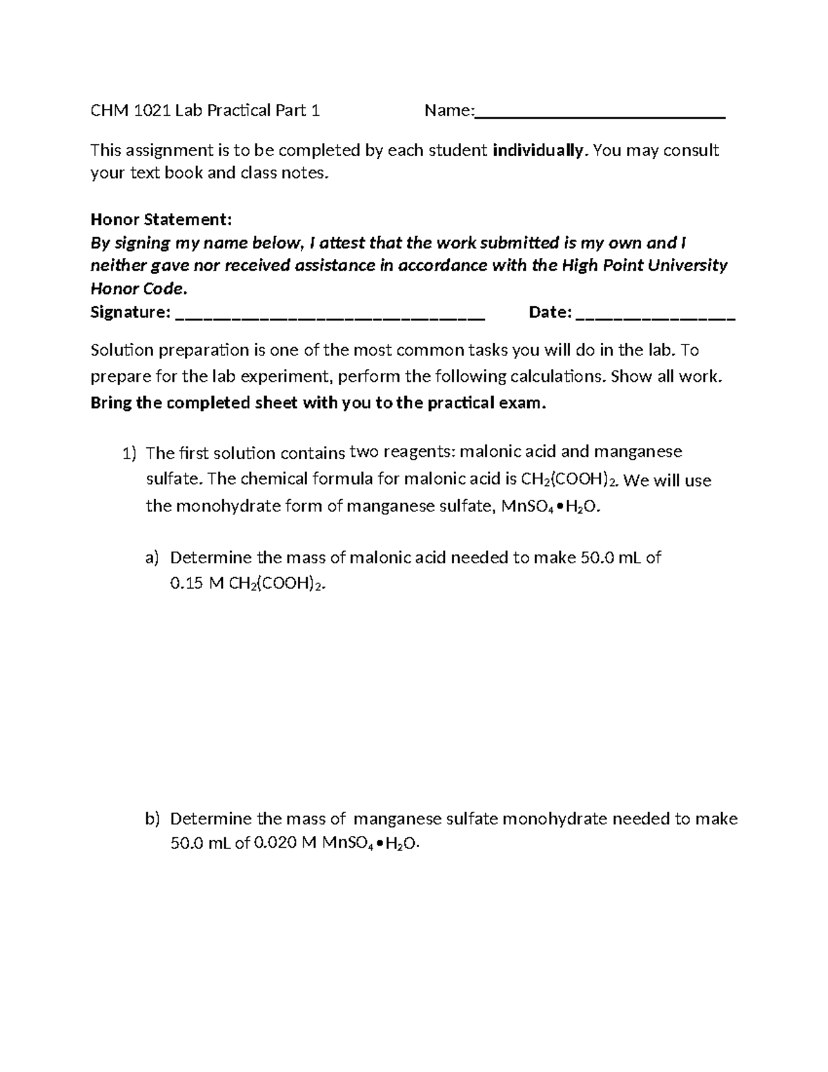 CHM1021 Practical Handout Sp23 - CHM 1021 Lab Practical Part 1 Name: This assignment is to be ...