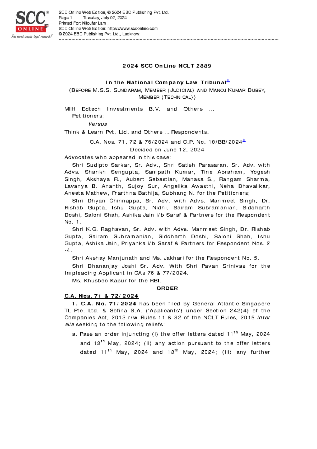 Byjus NCLT BLR order - CASE LAW - 2024 SCC OnLine NCLT 2889 In the ...