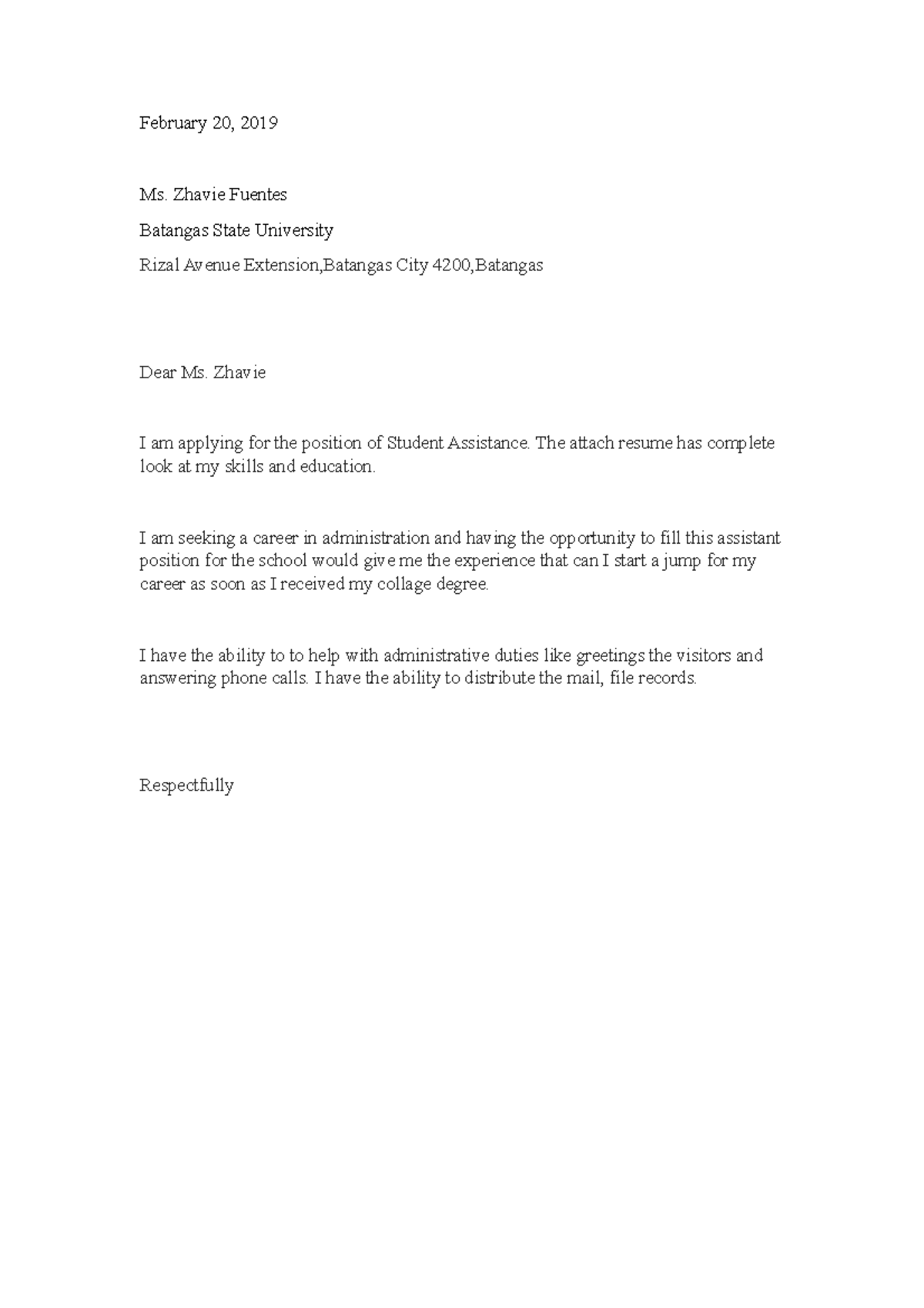 Administration - applying for student assistant - February 20, 2019 Ms ...