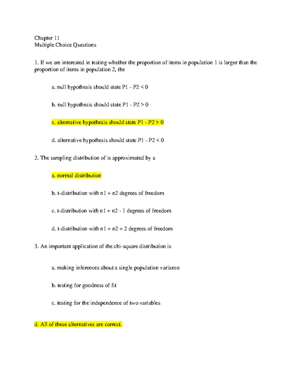 Business Statistics Chapter 11 questions and answers - Chapter 11 ...