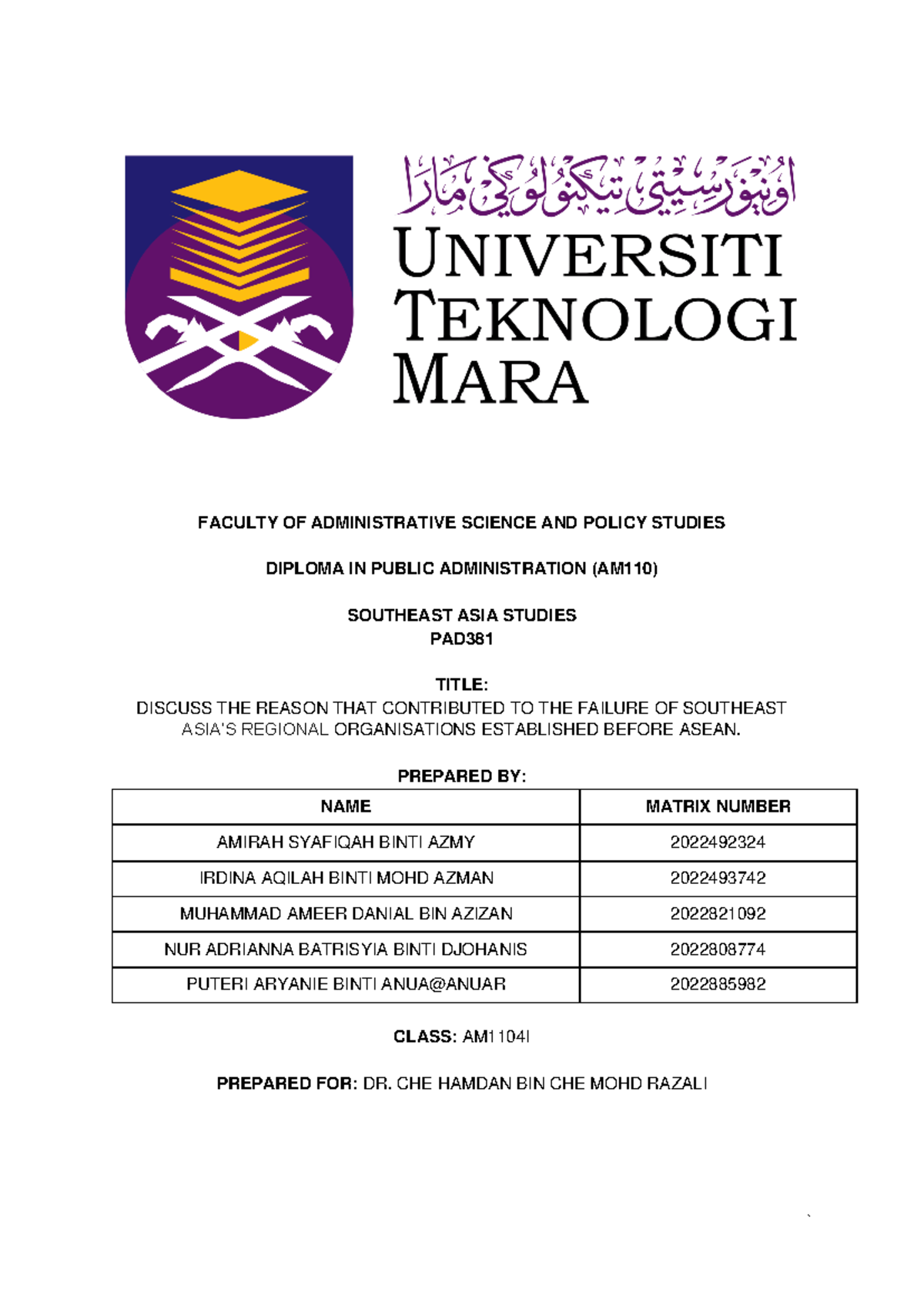 PAD381 Assignment - ` FACULTY OF ADMINISTRATIVE SCIENCE AND POLICY ...