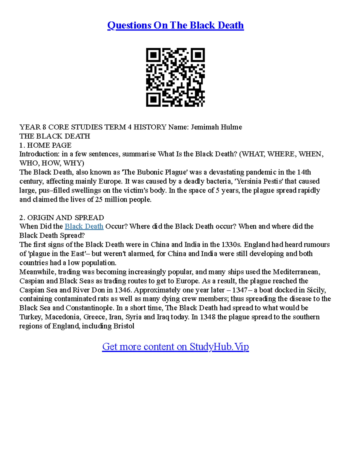 Essays On The Black Death - Questions On The Black Death YEAR 8 CORE ...