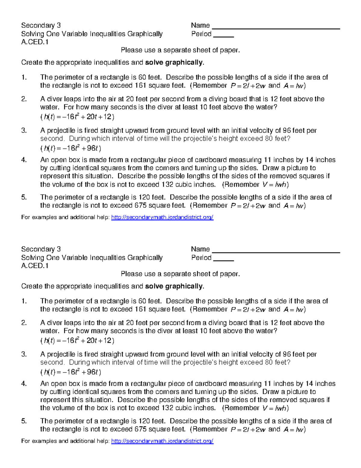 Solving One Variable Inequalities Graphically - Please use a separate ...