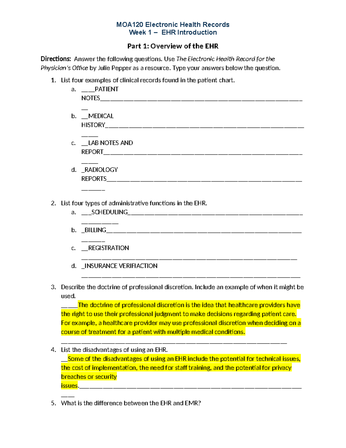 Wk1Assignment (1) DONE - Week 1 – EHR Introduction Part 1: Overview of ...