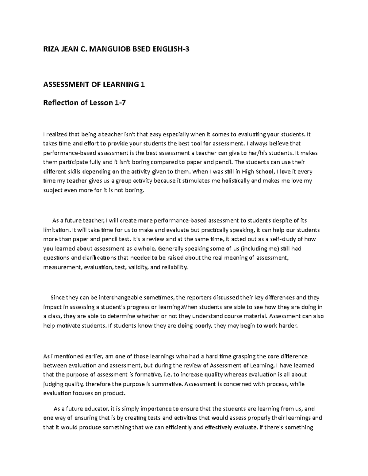 Reflection educ 303 - just want to help - RIZA JEAN C. MANGUIOB BSED ...