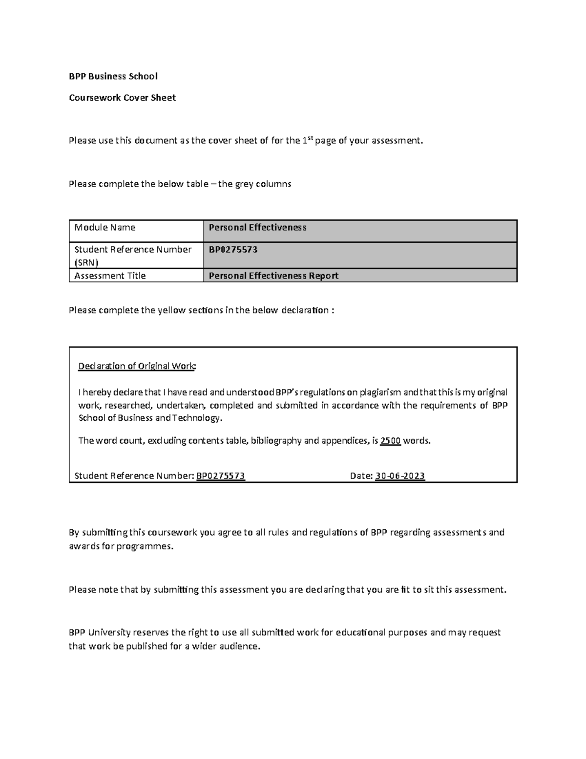 PE SA - Personal Effectiveness Report - BPP Business School Coursework ...