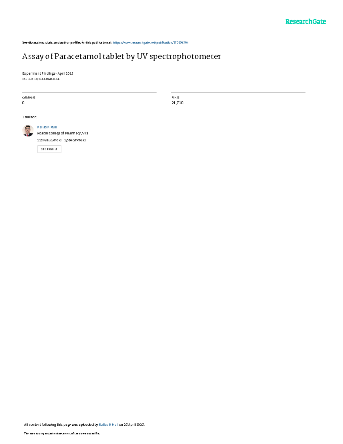 Assayof Paracetamoltabletby UVspectrophotometer - See discussions ...