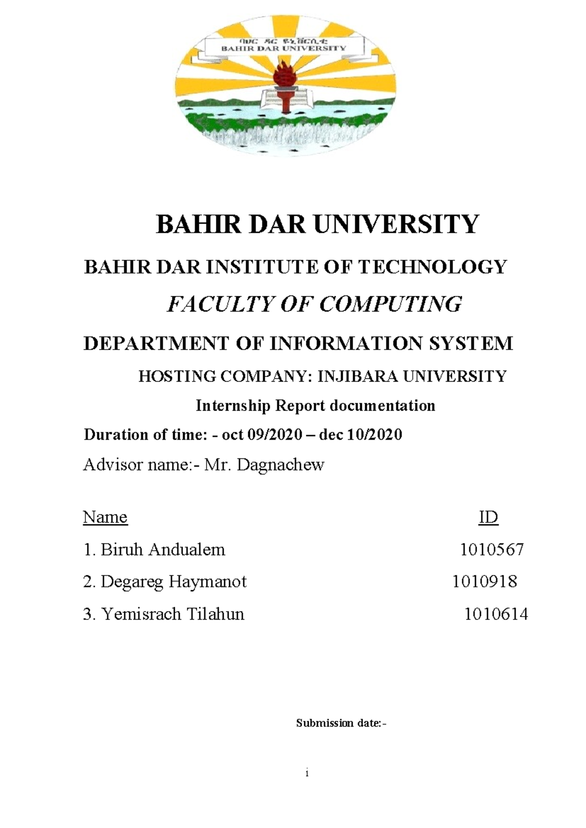 Intern documentation - BAHIR DAR UNIVERSITY BAHIR DAR INSTITUTE OF TECHNOLOGY FACULTY OF ...