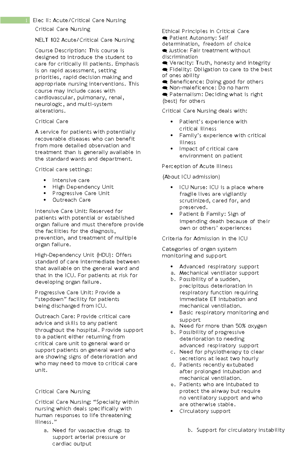 Acute Critical Care Nursing Handout - 1 Elec II: Acute/Critical Care ...