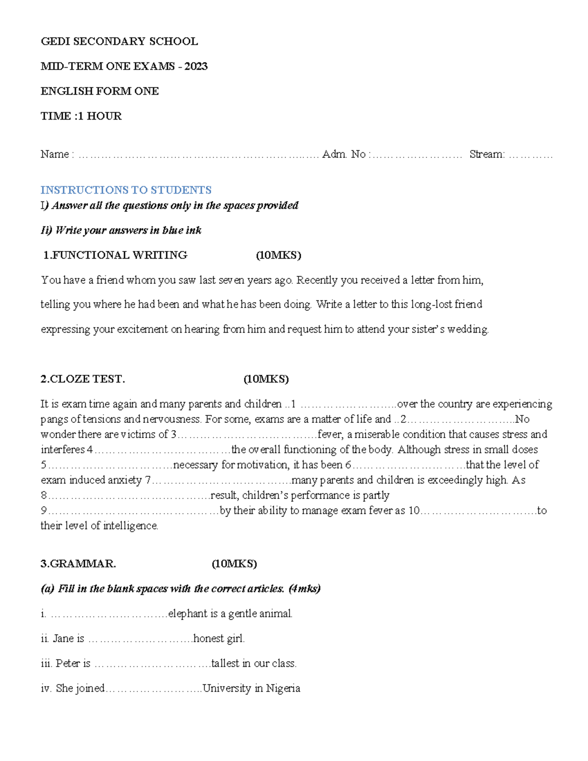 Form One English Mid term 1 - GEDI SECONDARY SCHOOL MID-TERM ONE EXAMS ...