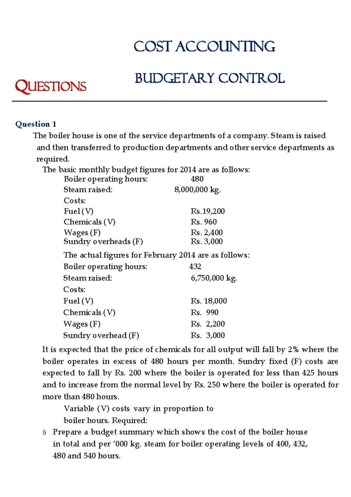 Budgetary Control Question-2 - Cost accounting QUESTIONS Budgetary ...