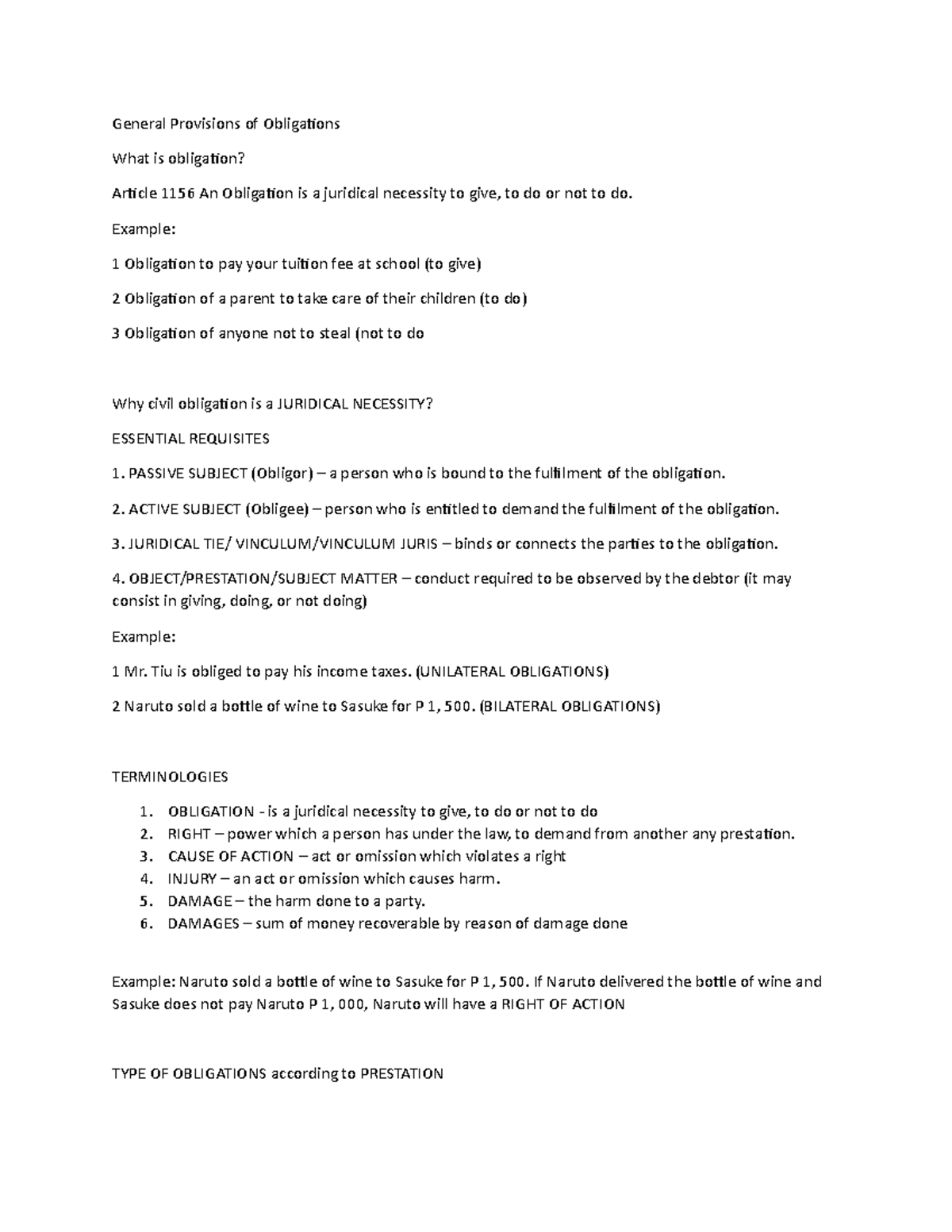 General Provisions of Obligations - Example: 1 Obligation to pay your ...
