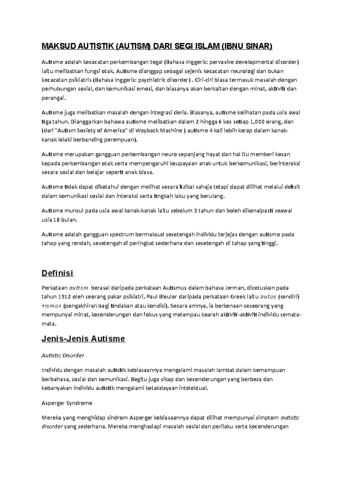 Autism Megikut Islam - MAKSUD AUTISTIK (AUTISM) DARI SEGI ISLAM (IBNU ...