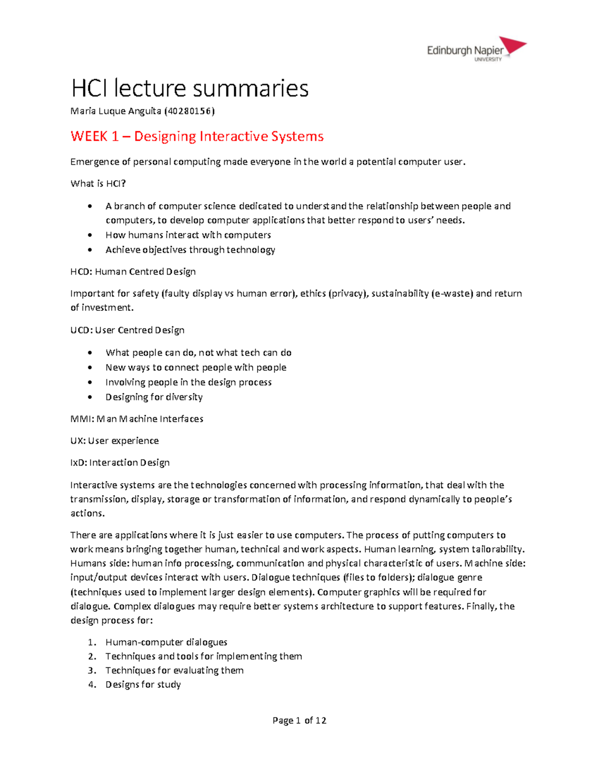 Human Computer Interaction (HCI) summary - HCI lecture summaries Maria ...