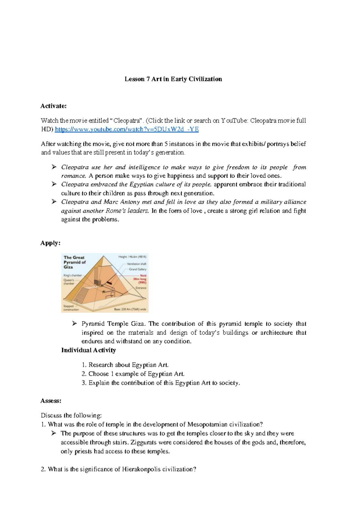 Lesson 7 output - None - Lesson 7 Art in Early Civilization Activate ...