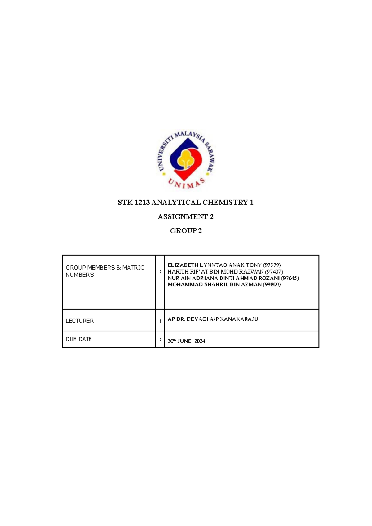 Assignment 2 ANAL CHEM - answer for anal hem - STK 1213 ANALYTICAL CHEMISTRY 1 ASSIGNMENT 2 ...