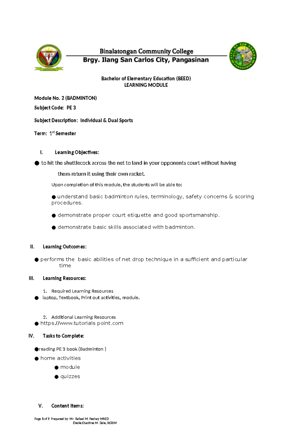 PE 3 Lesson 2 - Bachelor of Elementary Education (BEED) LEARNING MODULE ...