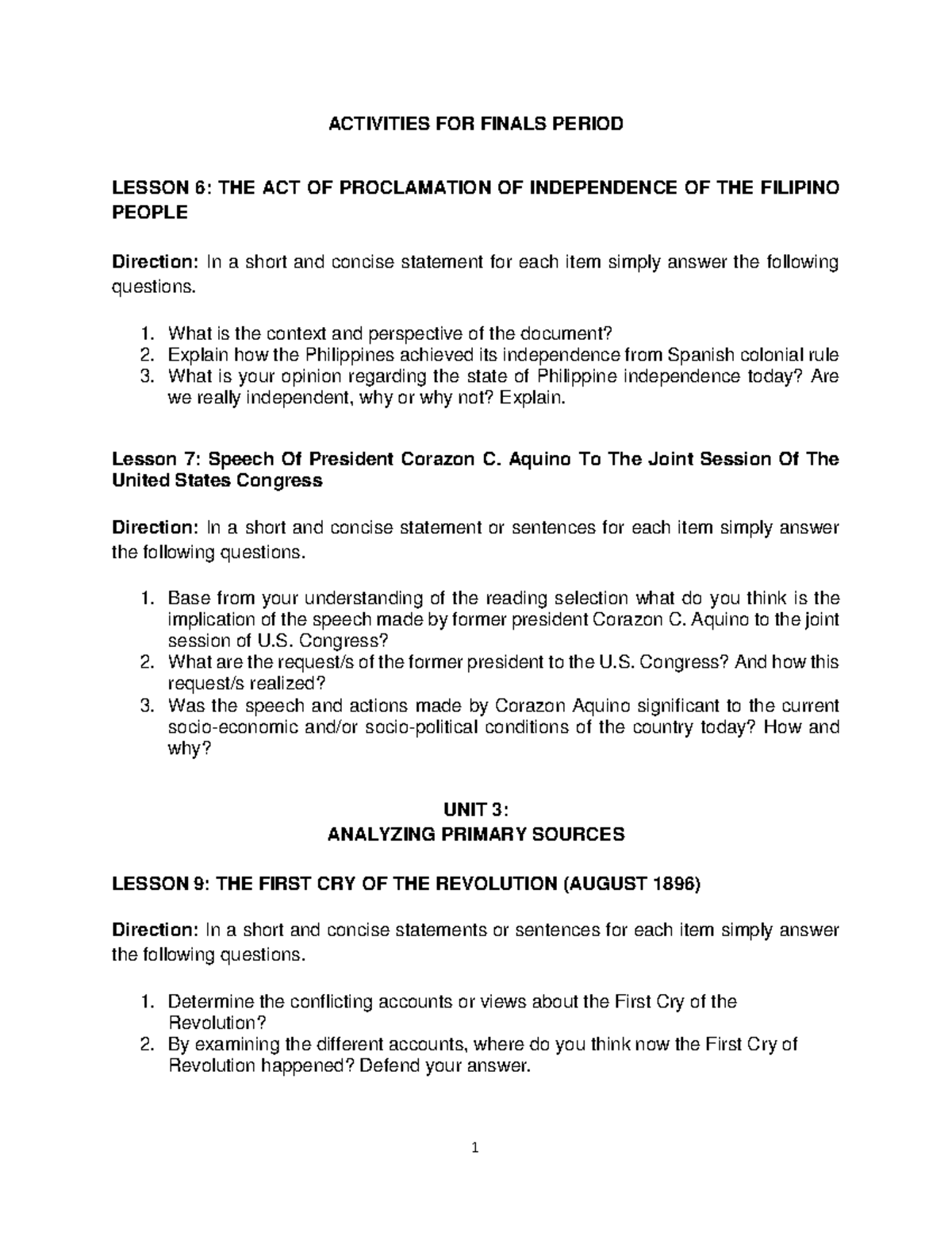 Reading in Philippine History - 1 ACTIVITIES FOR FINALS PERIOD LESSON 6 ...