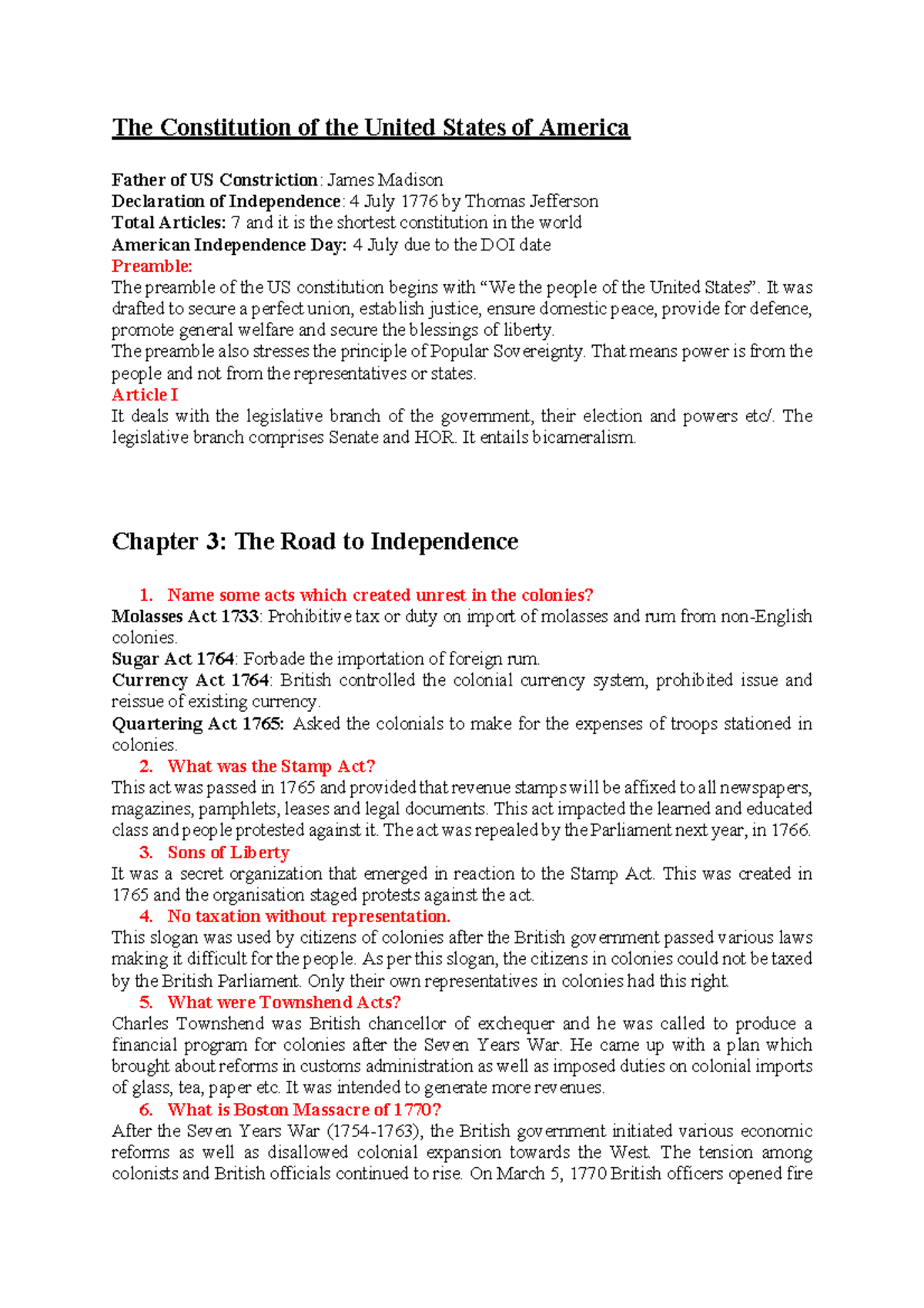 US History One Liners - The Constitution of the United States of ...