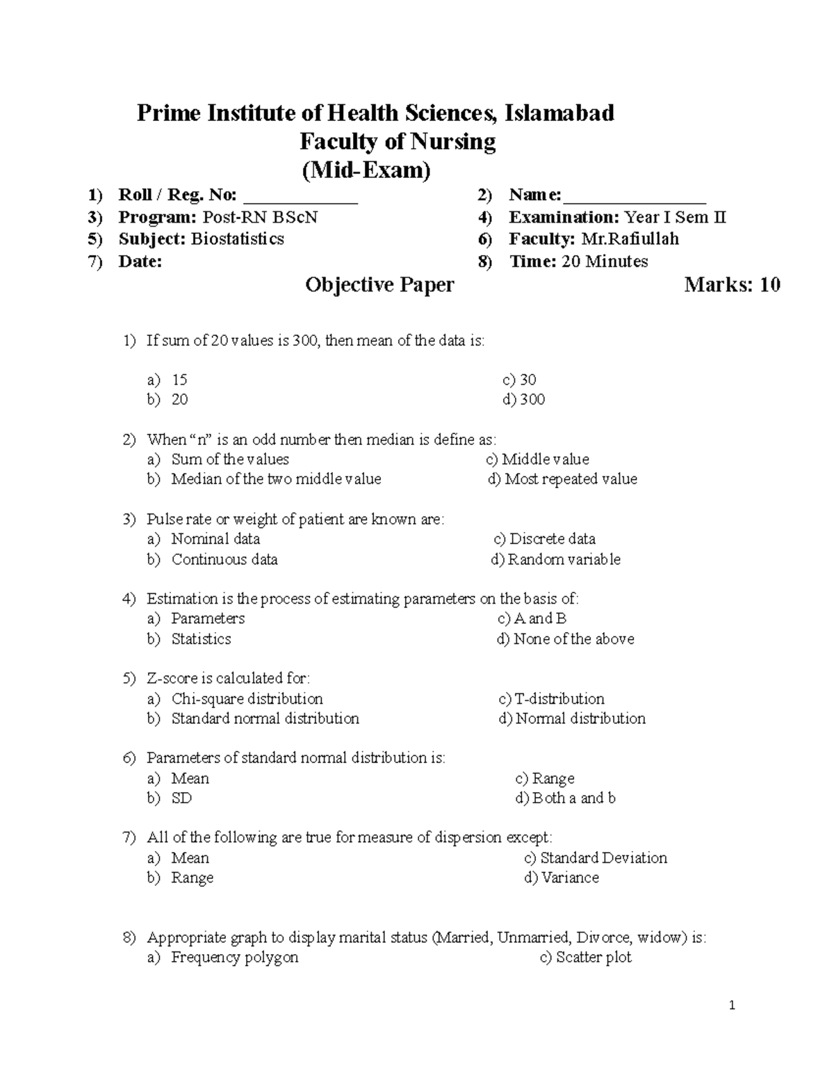 Biostatistics Paper Post-RN 2nd Semester - Prime Institute of Health ...