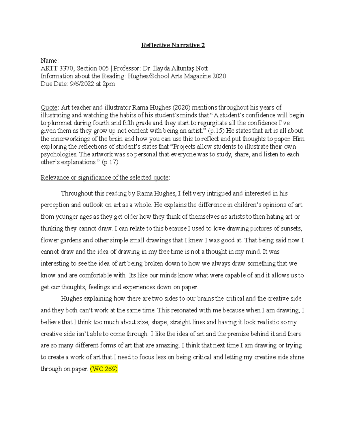 RN2 - narrative - Reflective Narrative 2 Name: ARTT 3370, Section 005 ...