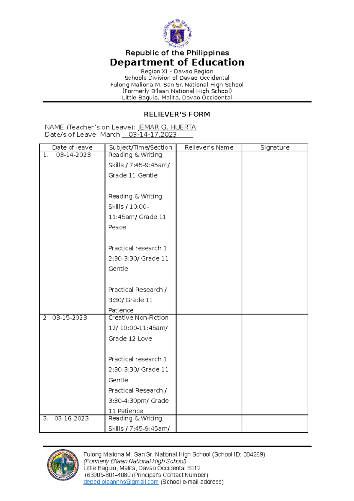 Reliever'S FORM - Republic of the Philippines Department of Education ...