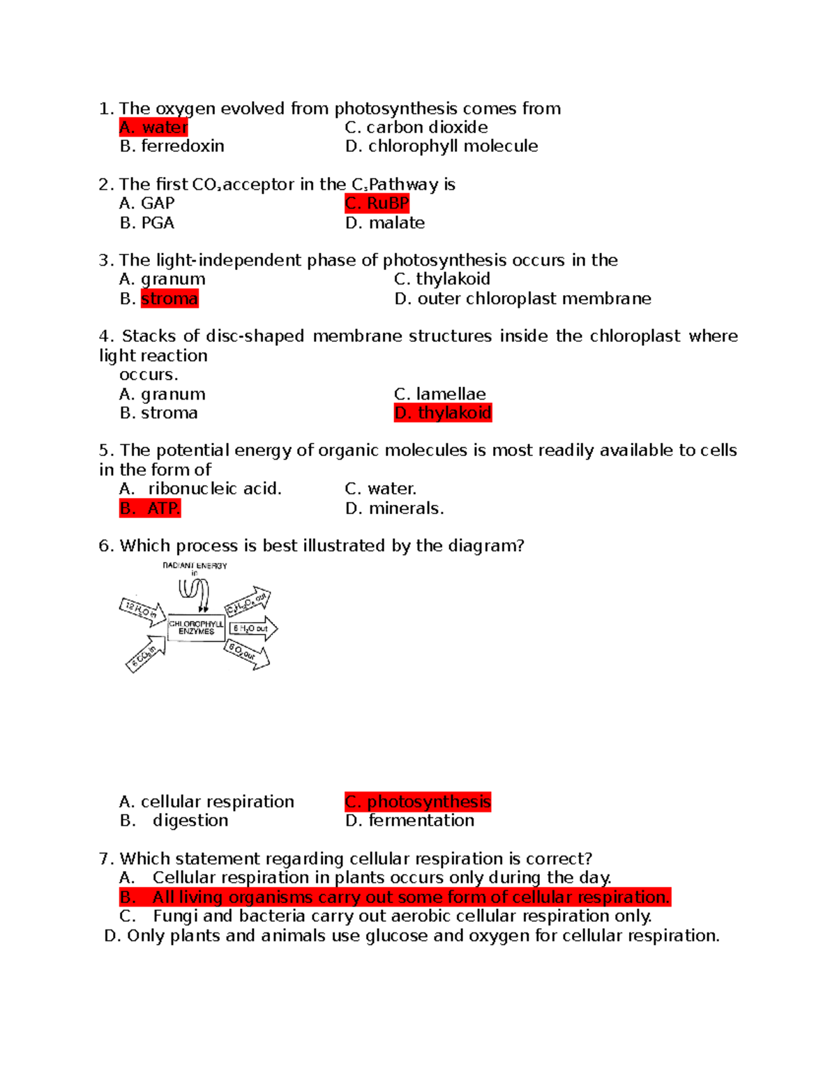 Learning Task 7 Cellular Metabolism - The oxygen evolved from ...