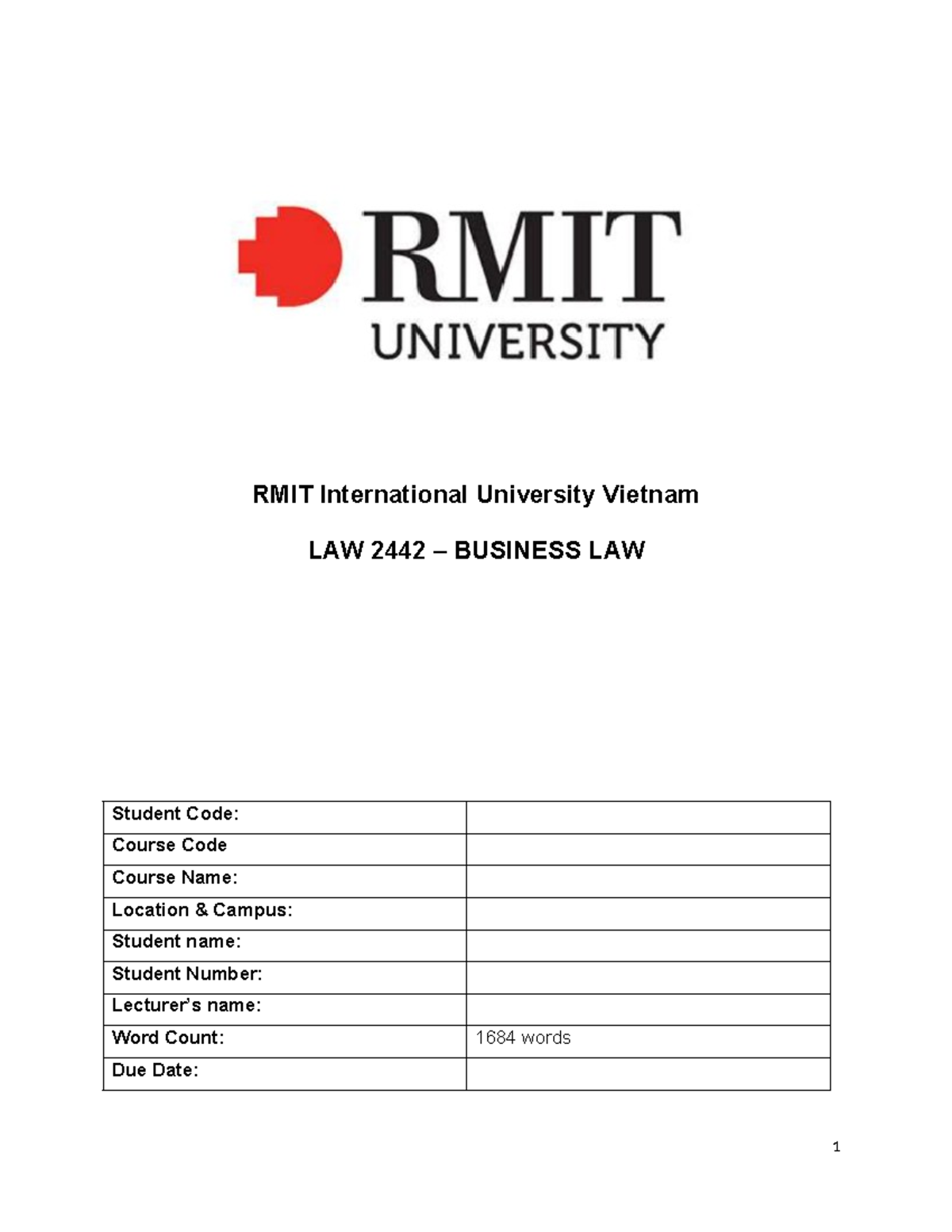 Business Law 2442 - RMIT International University Vietnam LAW 2442 ...