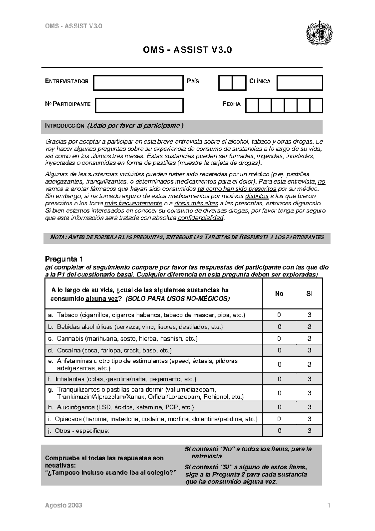Prueba de detección de consumo de alcohol, tabaco y sustancias (ASSIST ...
