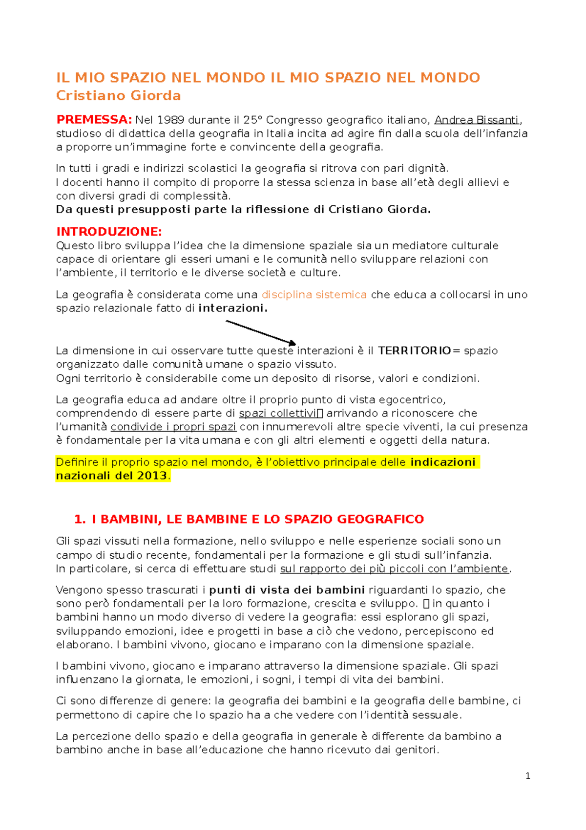 Riassunto Completo- IL MIO Spazio NEL Mondo - IL MIO SPAZIO NEL MONDO ...