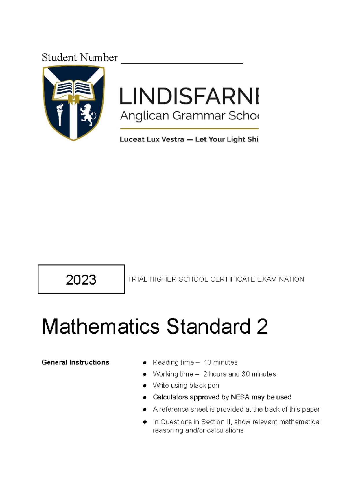 LAGS 2023 STD Trial - Math past paper - Student Number ...